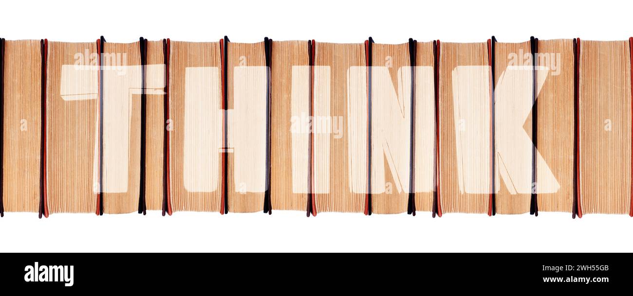 Word THINK on old paper books row, book pile, stack, education concept ...