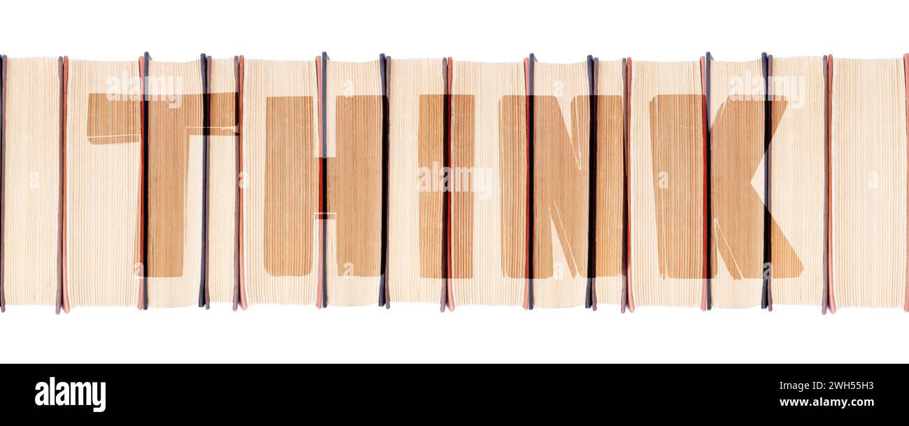 Word THINK on old paper books row, book pile, stack, education concept ...