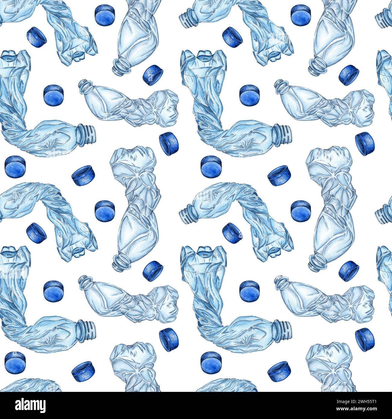 Watercolor illustration of a pattern of plastic waste pollution ...
