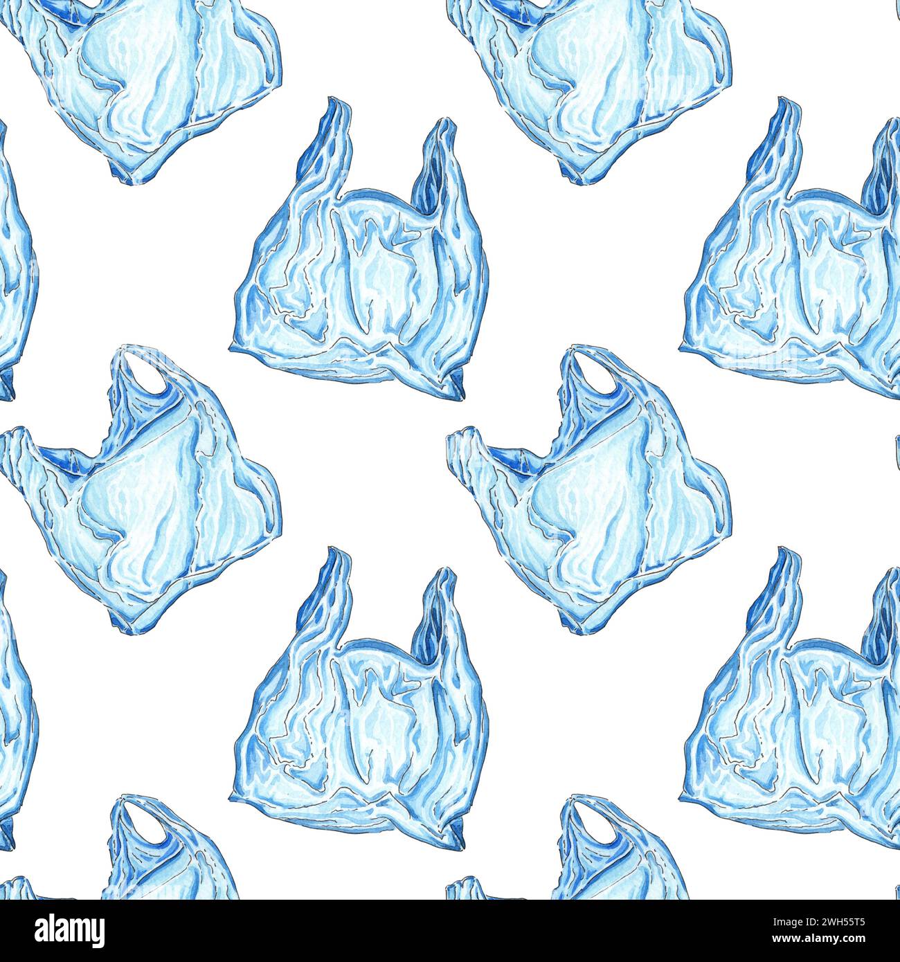 Watercolor illustration of plastic waste pollution. Plastic products ...