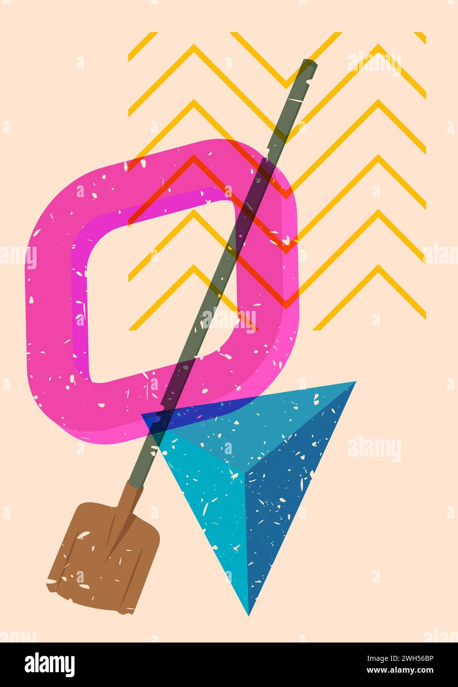 Risograph Spade, Shovel with geometric shapes. Objects in trendy riso ...
