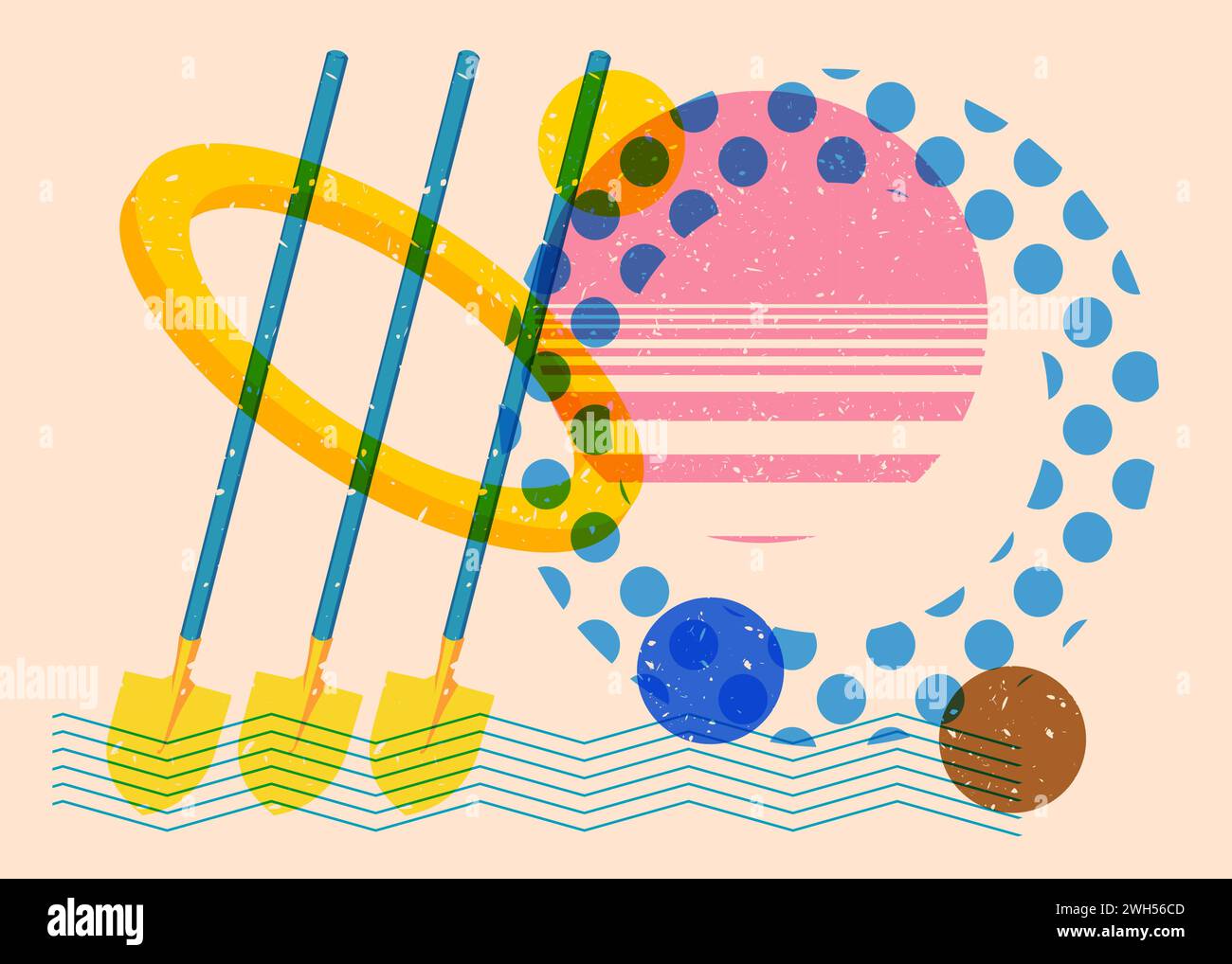 Risograph Spade, Shovel with geometric shapes. Objects in trendy riso ...