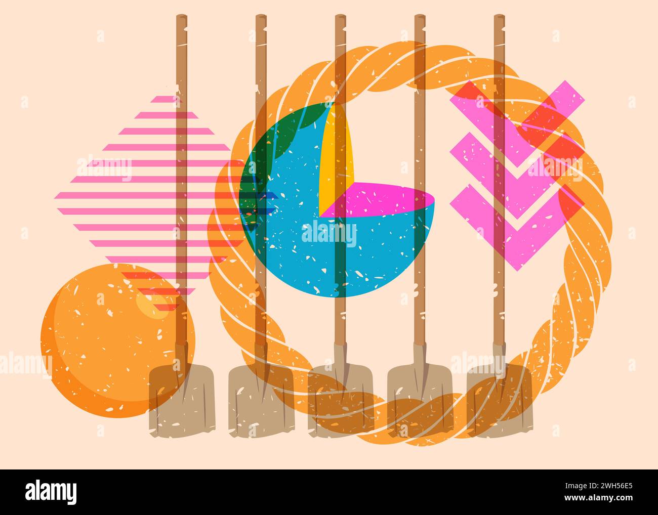 Risograph Spade, Shovel with geometric shapes. Objects in trendy riso ...