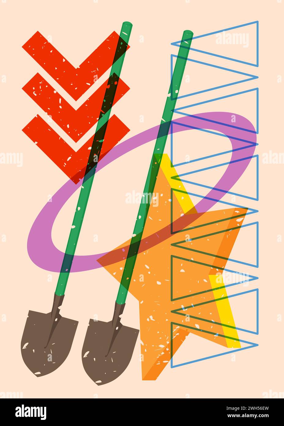 Risograph Spade, Shovel with geometric shapes. Objects in trendy riso ...