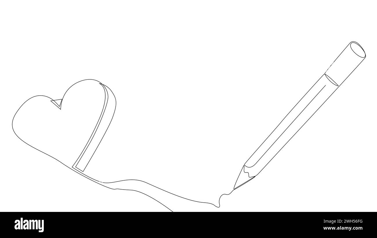 One continuous line of Heart drawn by with felt tip pen. Thin Line ...