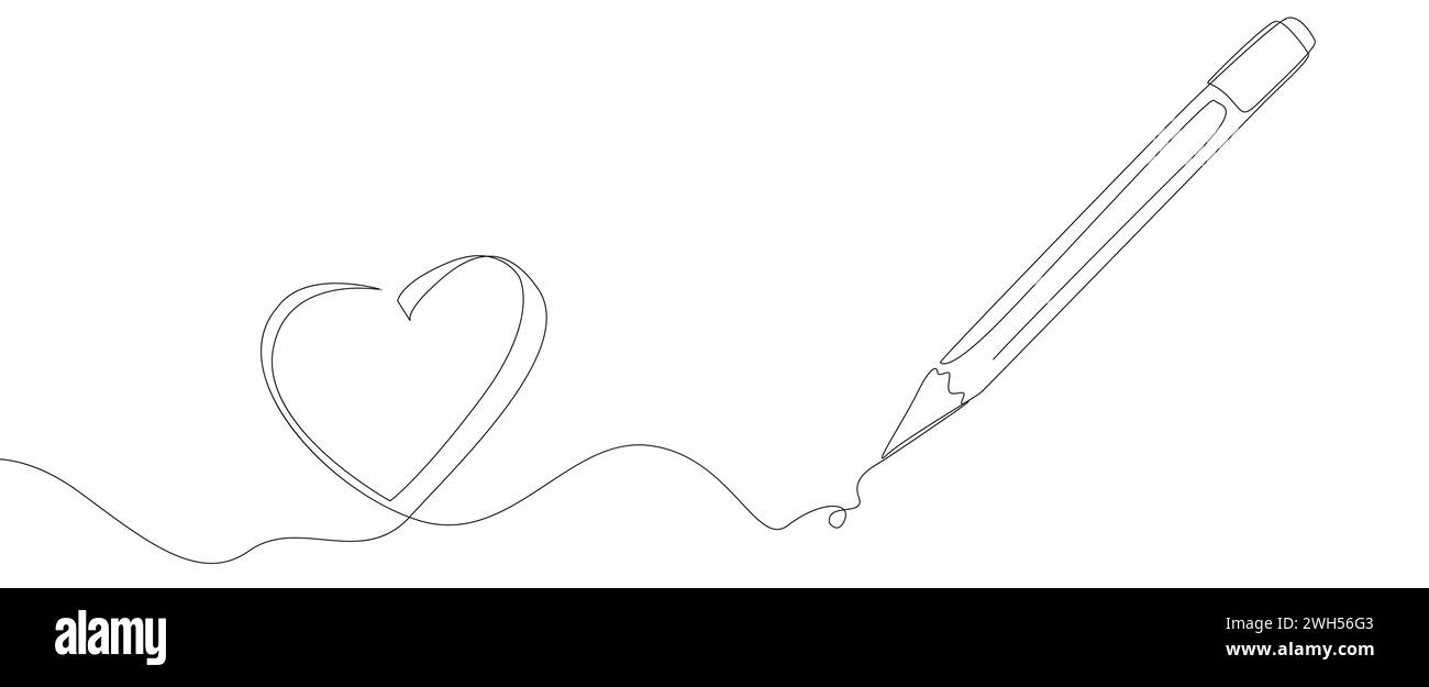 One continuous line of Heart drawn by with felt tip pen. Thin Line ...