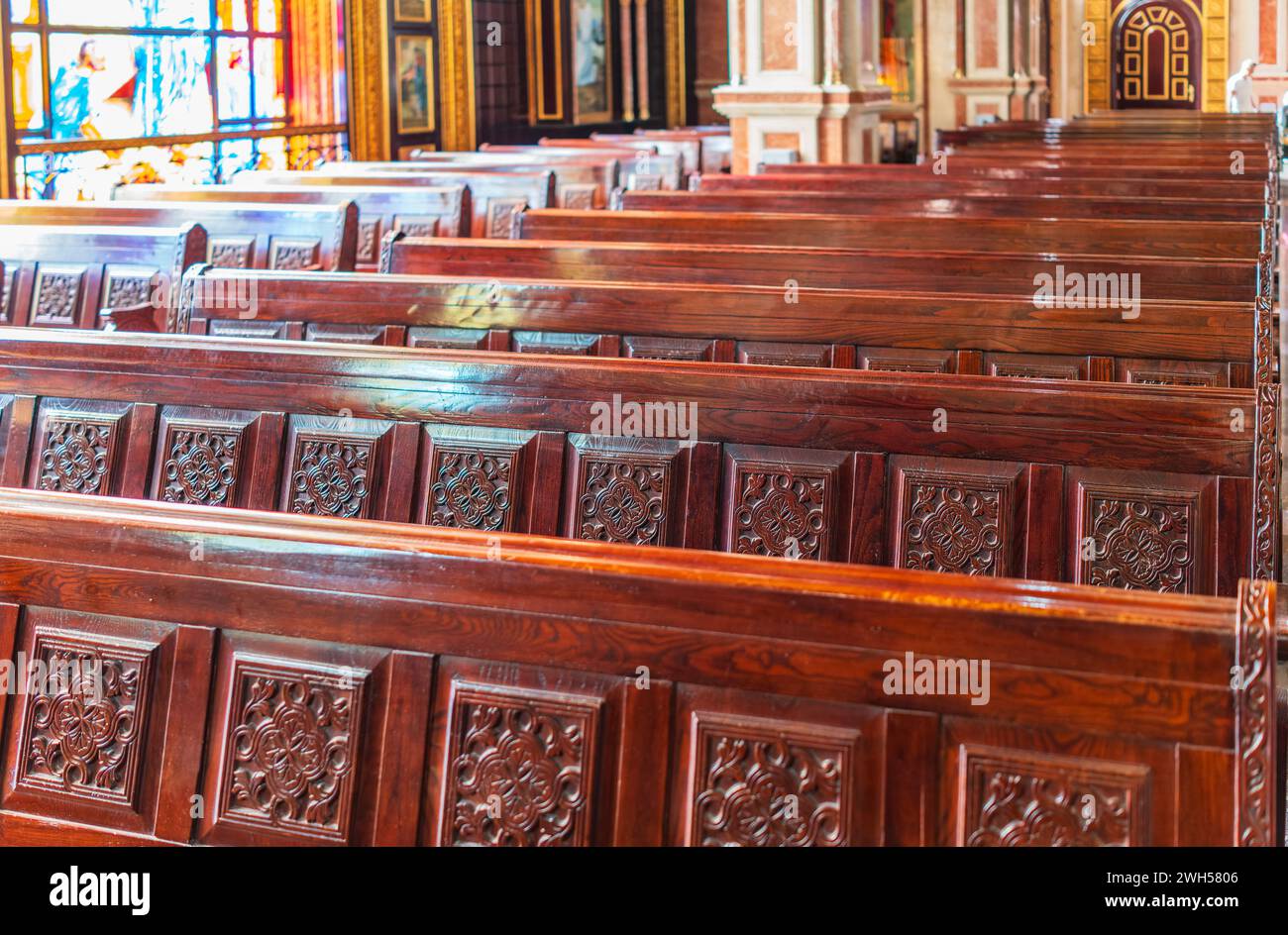 Blurry church interior wooden benches hi-res stock photography and ...