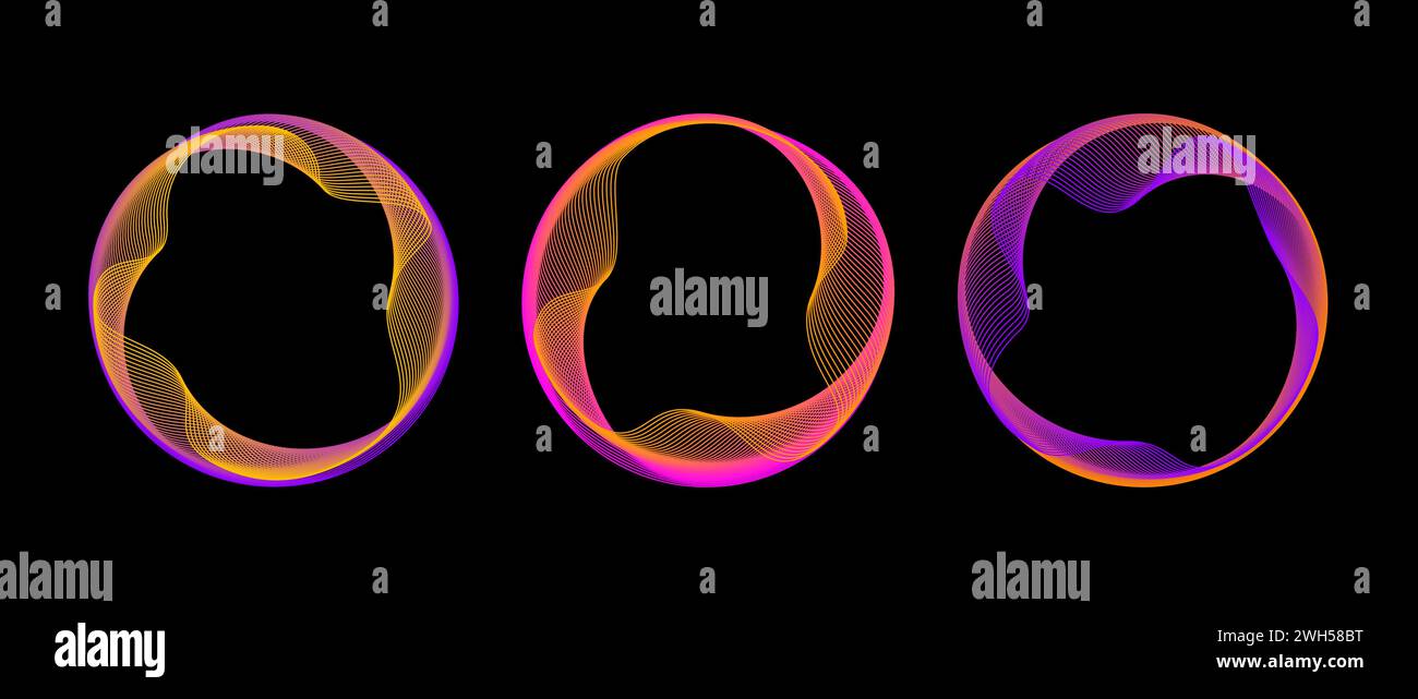 Neon blend circle lines set. Colorful glowing round tech frame collection. Curved wavy line ...