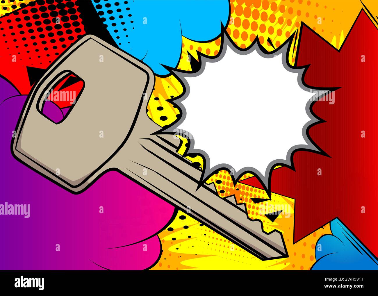 Cartoon Key with blank speech bubble, comic book safety background ...
