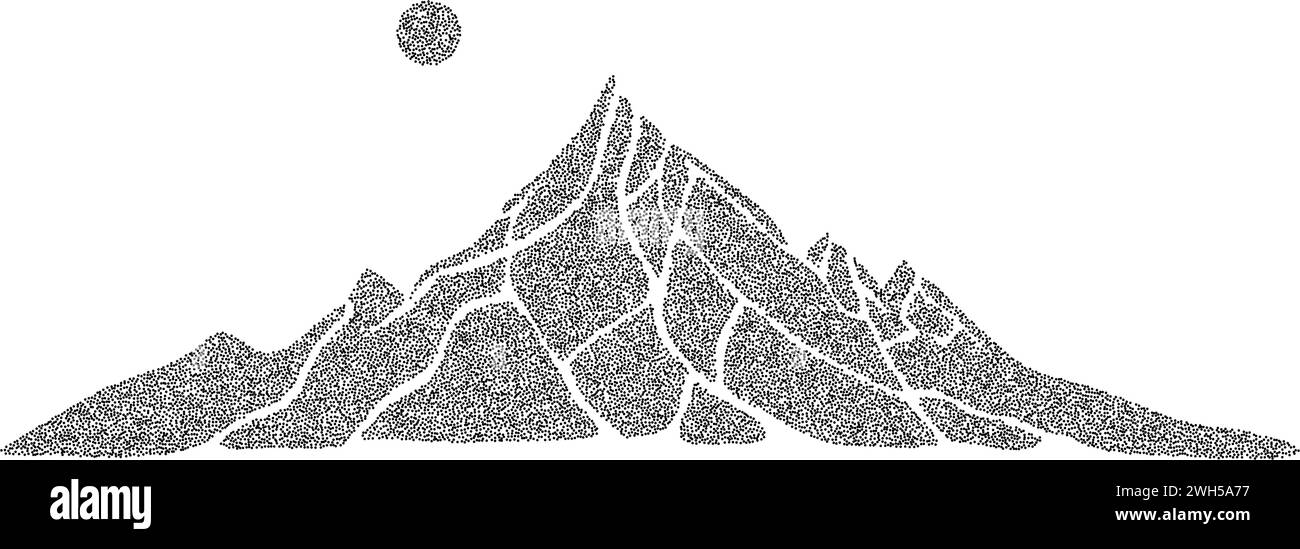 Grain stippled mountain range illustration. Dotted landscape terrain ...