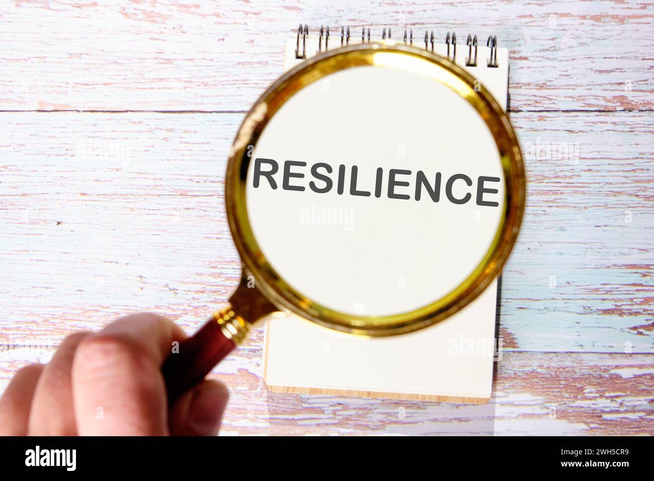 RESILIENCE text seen through magnifying glasses on a notepad Stock ...