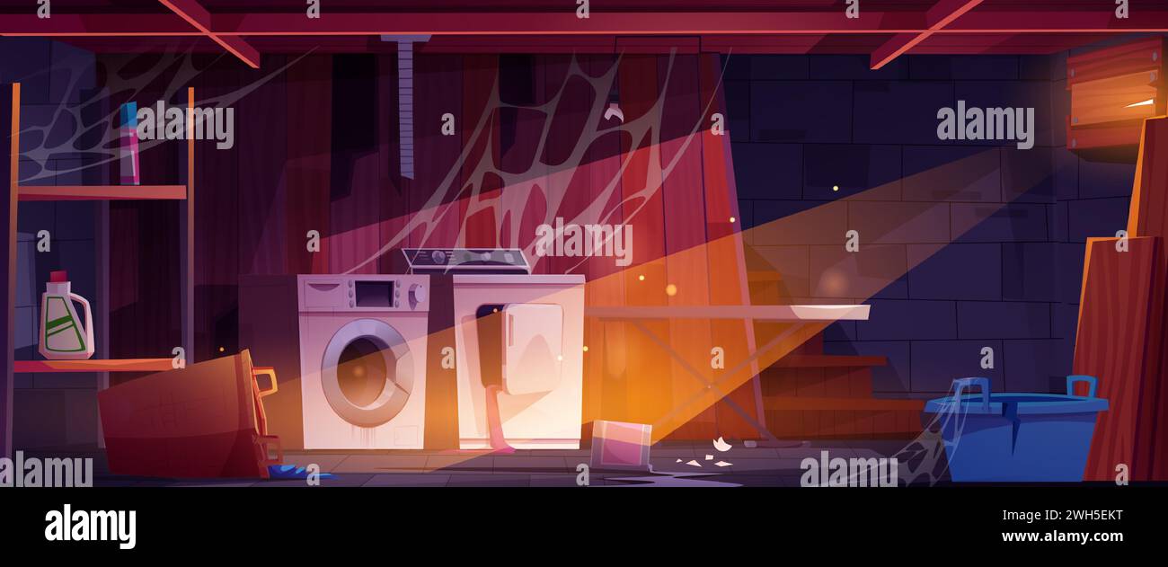 Old broken abandoned house basement room with damaged laundry equipment ...