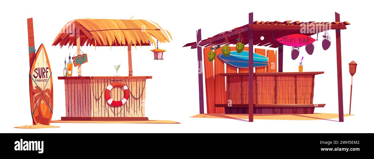 Beach tiki bar and standing surfboard. Cartoon vector illustration set ...