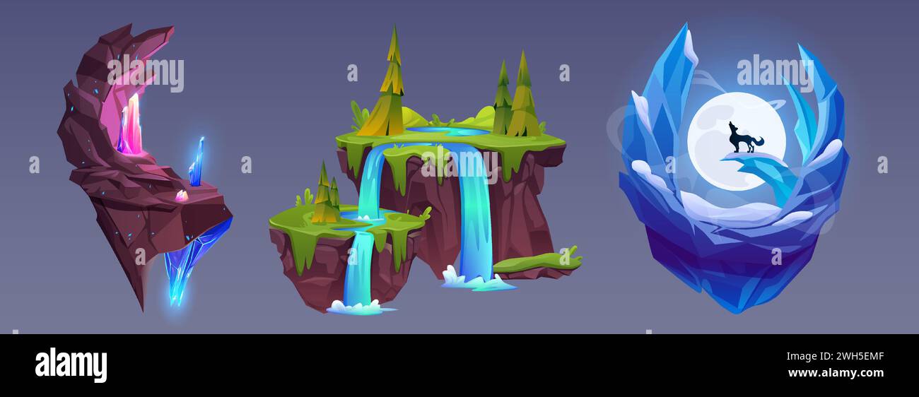 Flying islands set isolated on background. Vector cartoon illustration ...