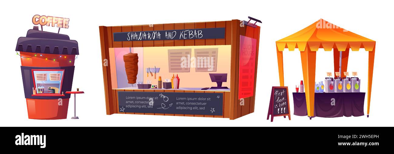 Street food stalls set isolated on white background. Vector cartoon ...