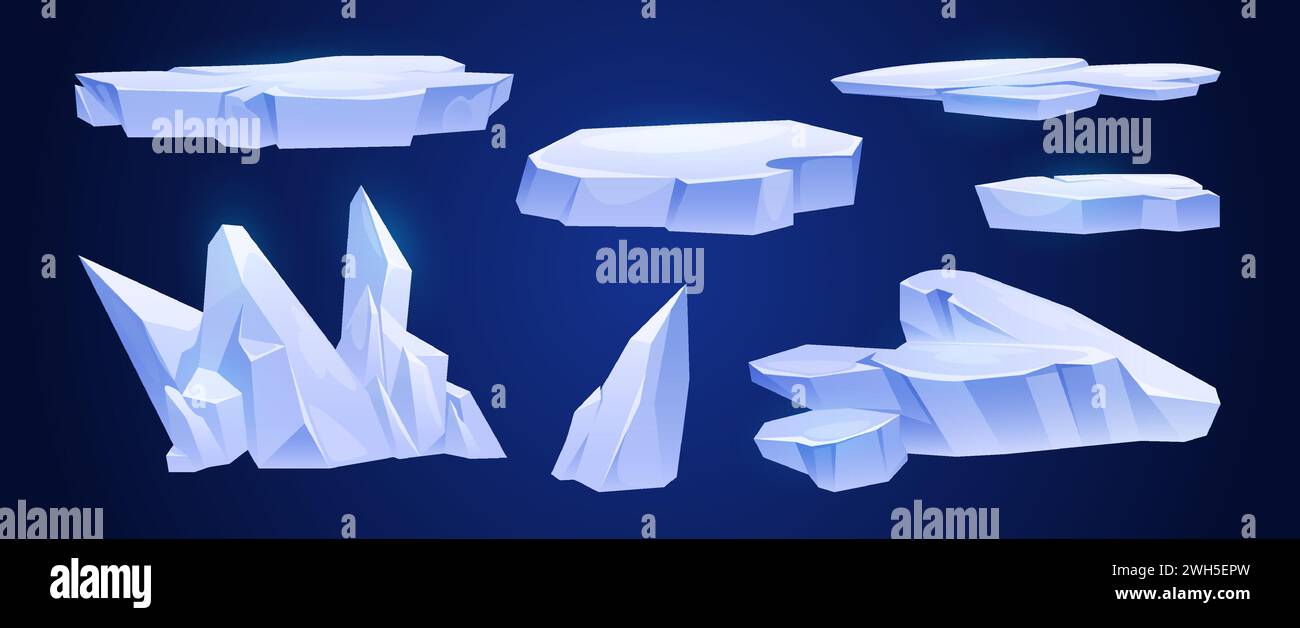 Cartoon iceberg and glacier pieces floating in water. Game ui vector ...