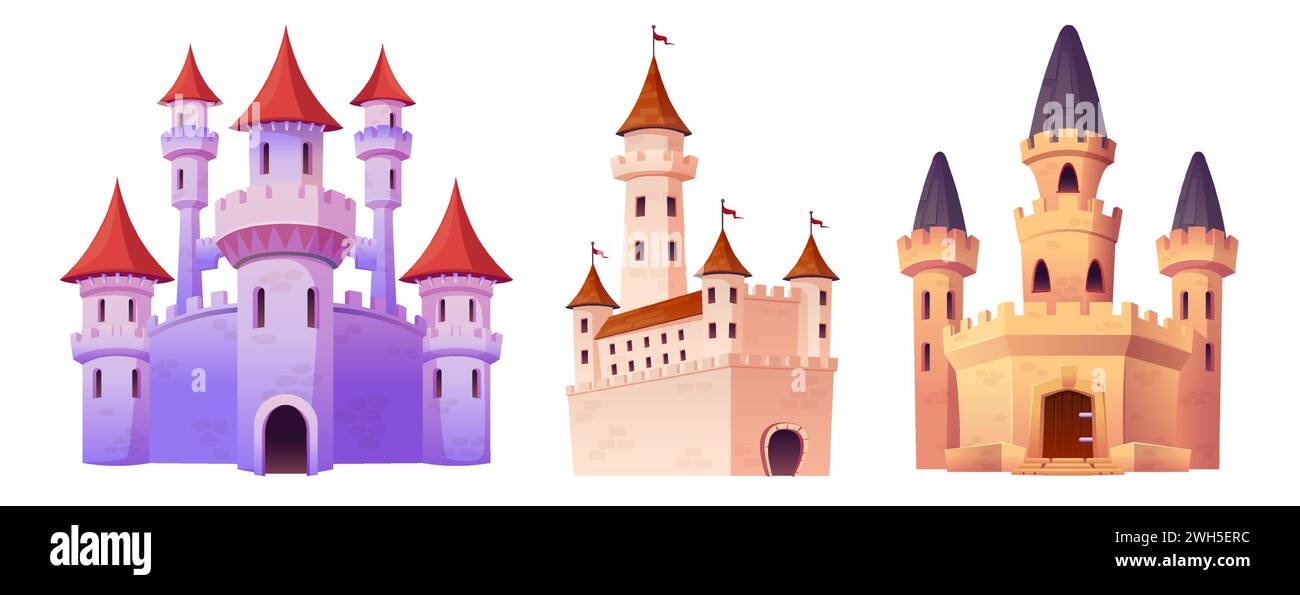 Medieval castles set isolated on white background. Vector cartoon illustration of ancient fairy ...