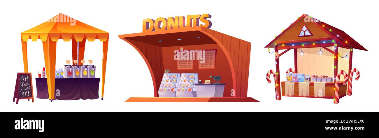 Street food market and cafe with fresh donuts, candy and caramel ...