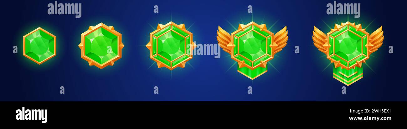 Golden badge with green jewelry diamond and wings of different progress ...