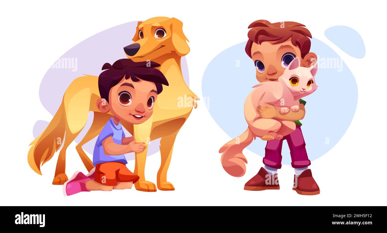 Kid boy with pet dog and cat. Happy preschool male child taking care ...