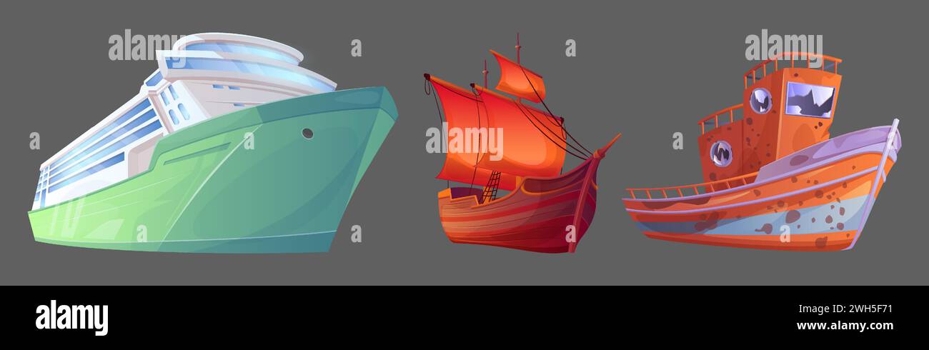 Set of ships isolated on background. Vector cartoon illustration of ...