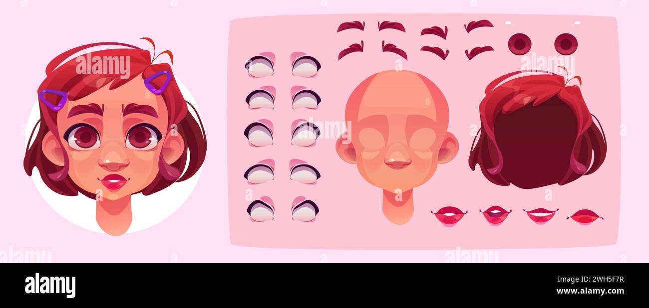 Caucasian girl face constructor set. Vector cartoon illustration of ...