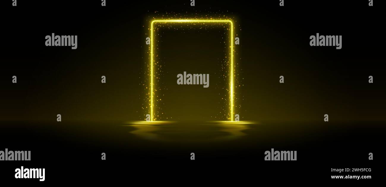 Yellow neon glowing rectangular frame with sparkle glitter over water ...