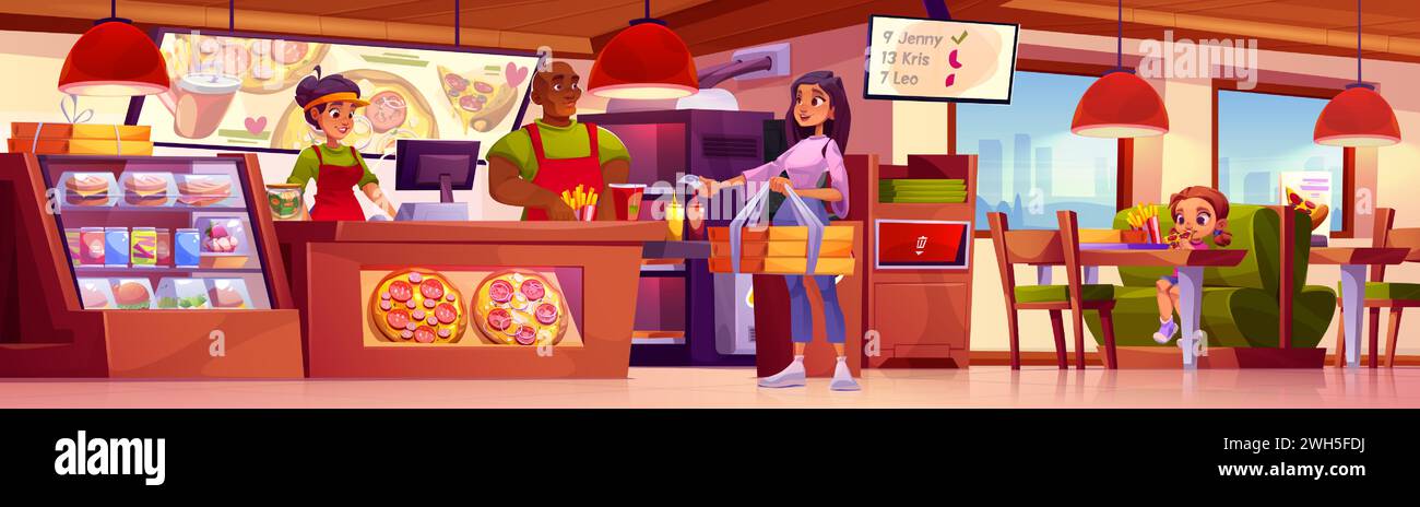 Pizzeria restaurant or cafe interior with workers and customers ...