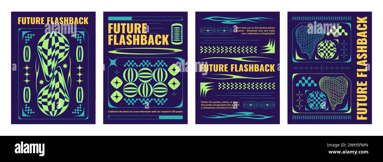Modern y2k style poster design with acid psychedelic strange shape grid ...