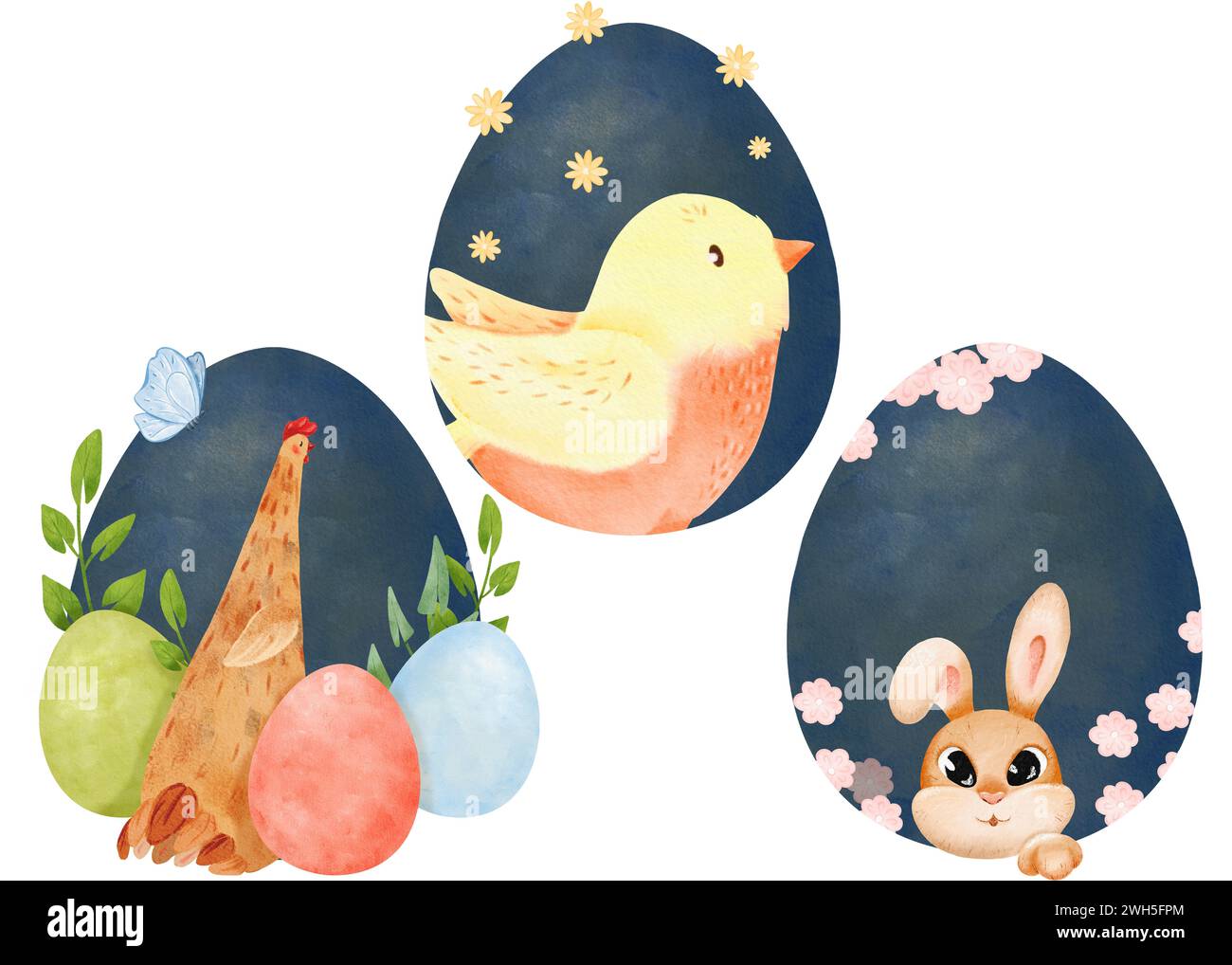watercolor set. Easter compositions. rabbits, springtime birds, hens ...