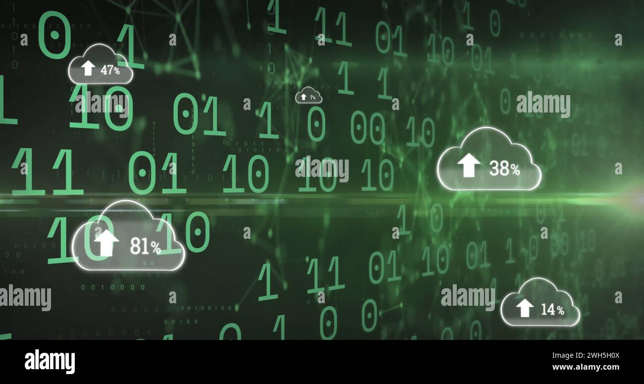Image of clouds with uploading over binary code on green background ...