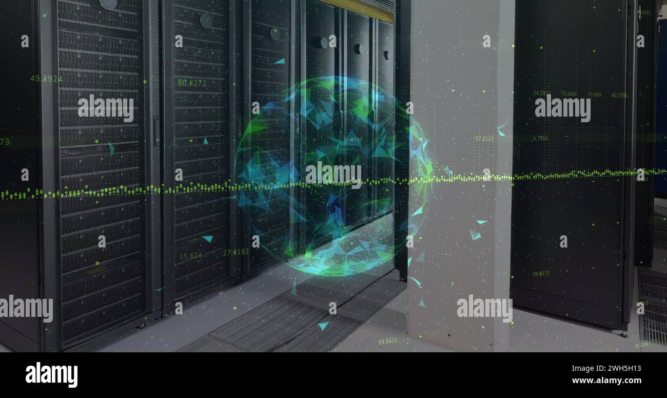 Globe of plexus networks spinning against computer server room Stock Photo - Alamy