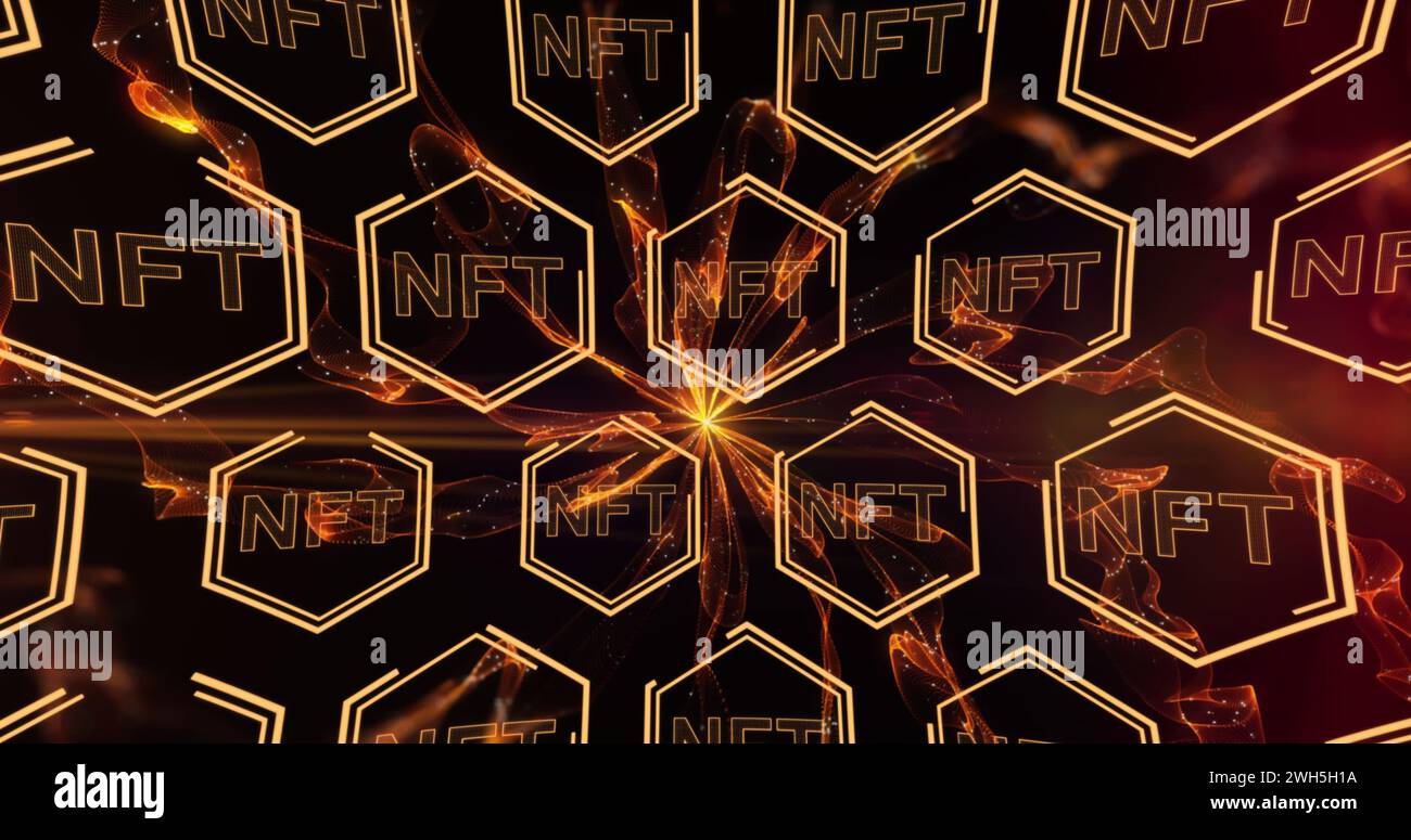 Image of nft in hexagons over black background with yellow lights Stock ...