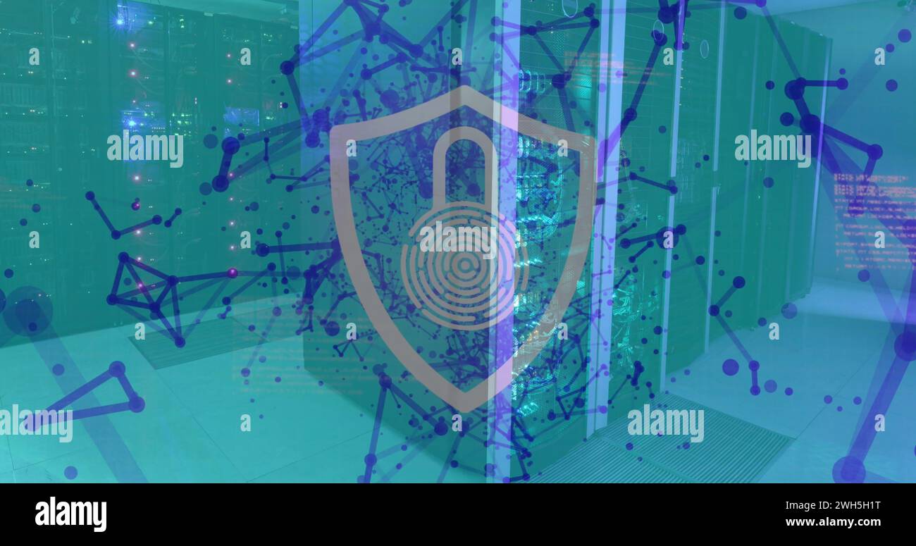 Security shield and padlock icon against network of connections against computer server room ...