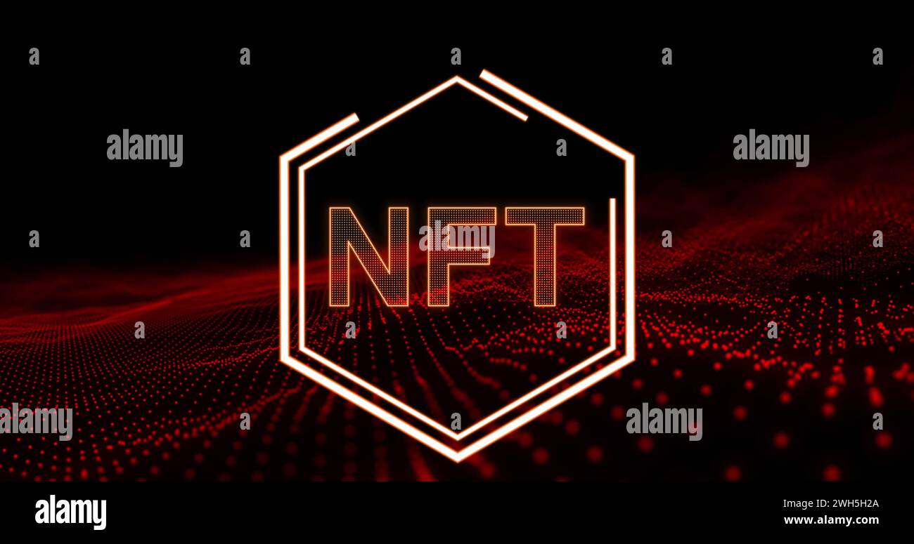 Image of nft in hexagon over black background with red glitter Stock ...