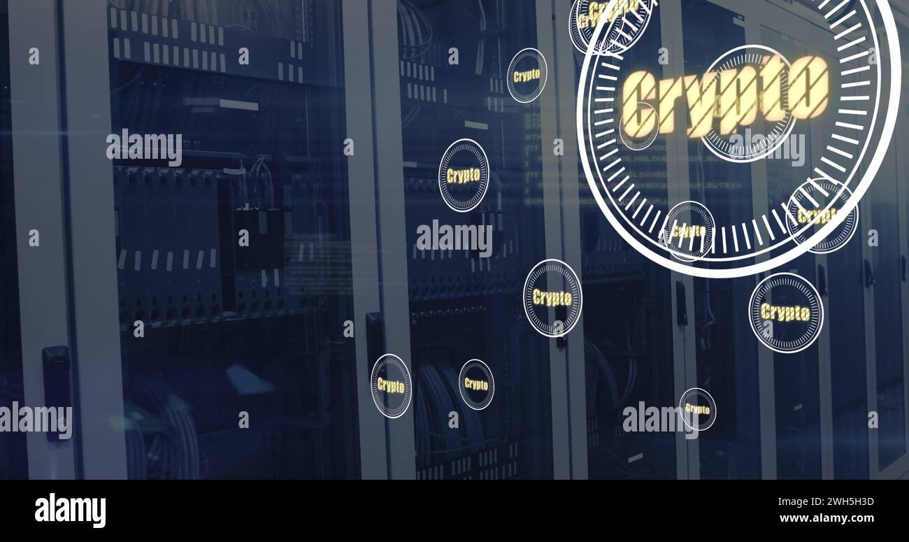 Crypto text on multiple round scanners floating against computer server ... Crypto text on multiple round scanners floating against computer server ...