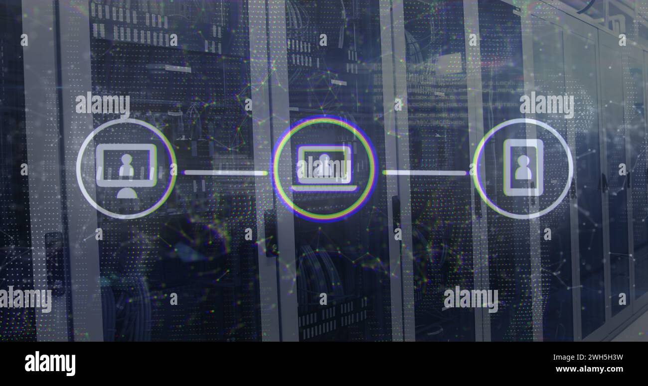 Network of digital icons over network of connections against computer ...