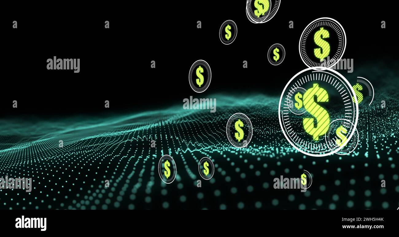 Dollar symbol on multiple round scanners against green digital wave on ...