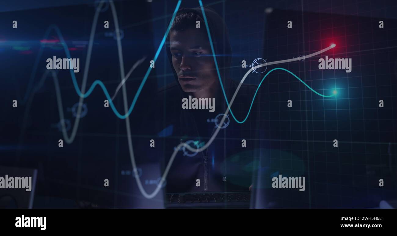 Image of data processing over caucasian male hacker Stock Photo - Alamy