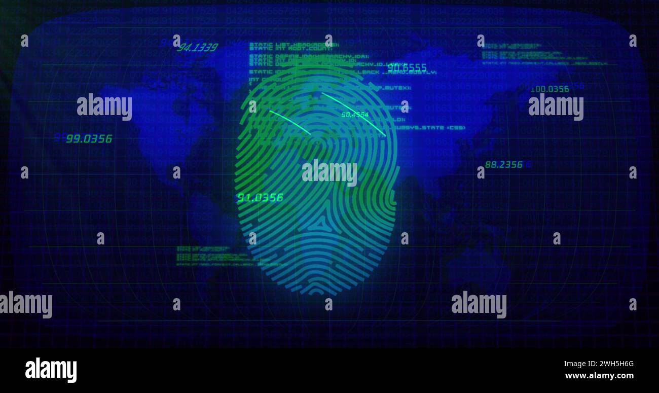 Data processing over biometric fingerprint scanner against world map on blue background Stock ...
