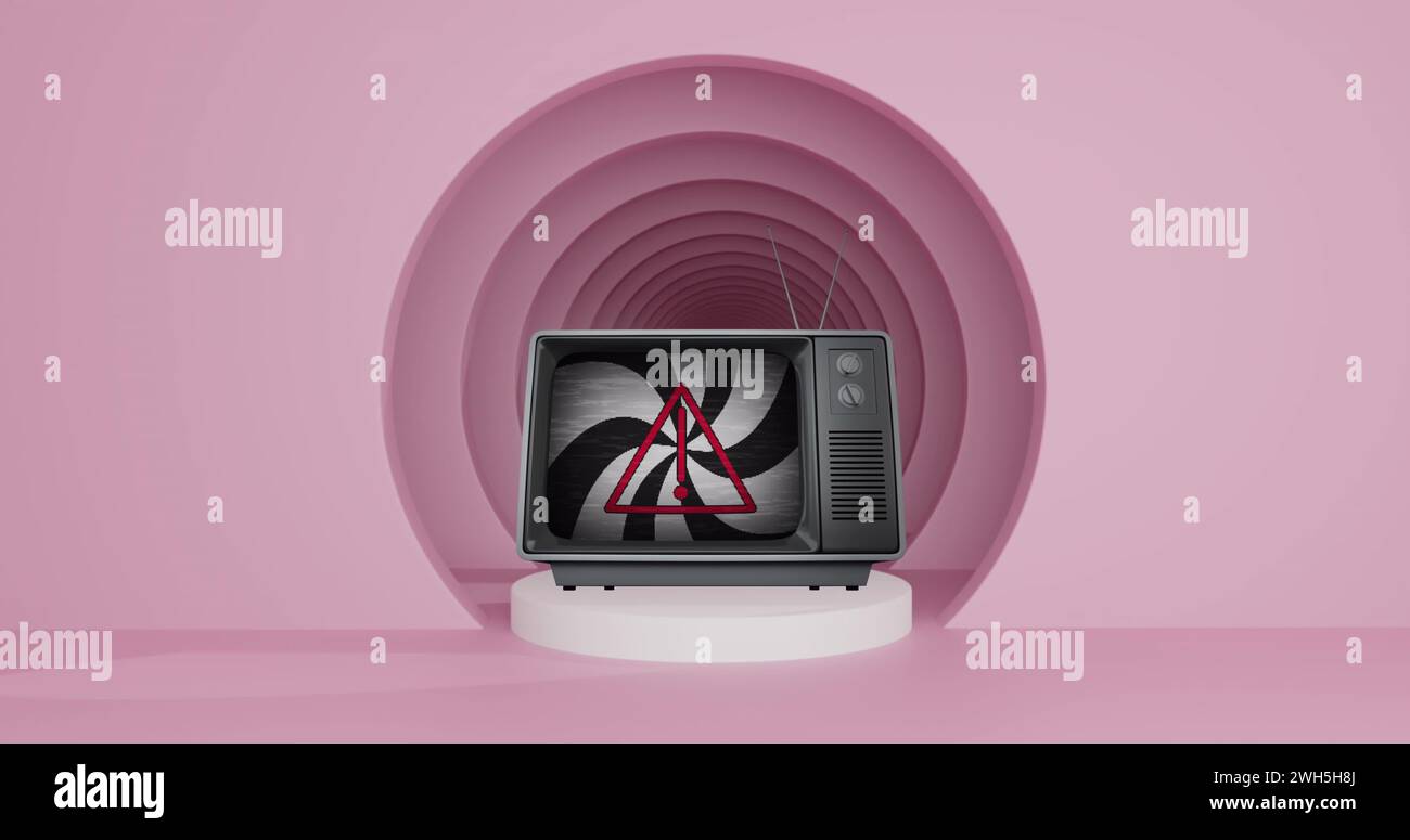 Image of tv with warning sign over circles Stock Photo - Alamy