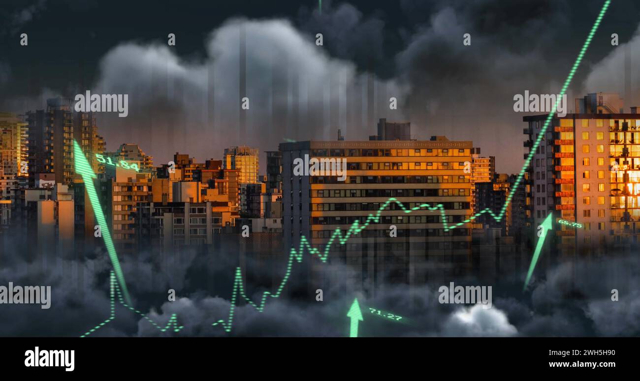 Image of financial data processing with graph and arrows over cityscape ...