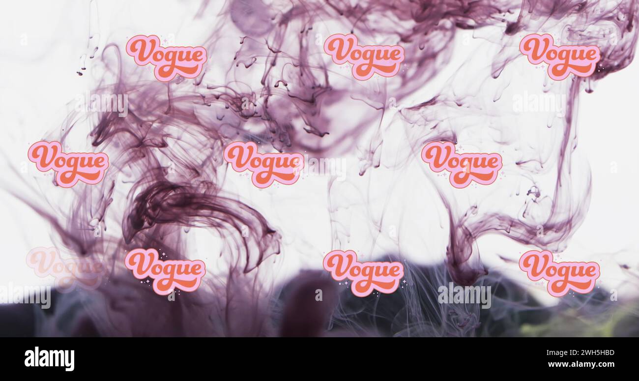 Image of vogue text repeated over black liquid on white background ...
