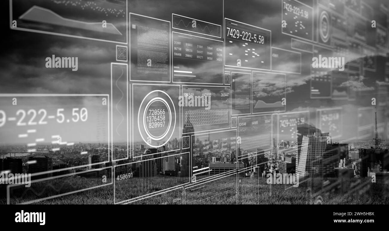 Image of data processing on digital screens over cityscape in black and ...