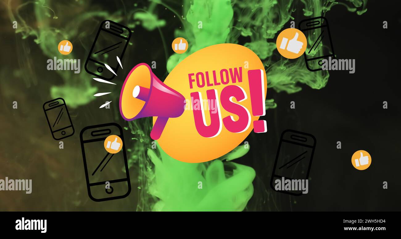 Image of follow us text with icons over green liquid on black ...