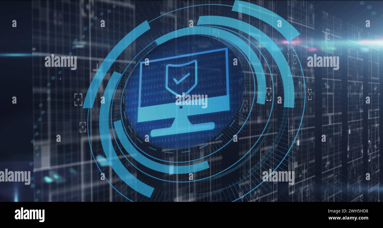 Image of screen with digital shield in circle over lights and data ...