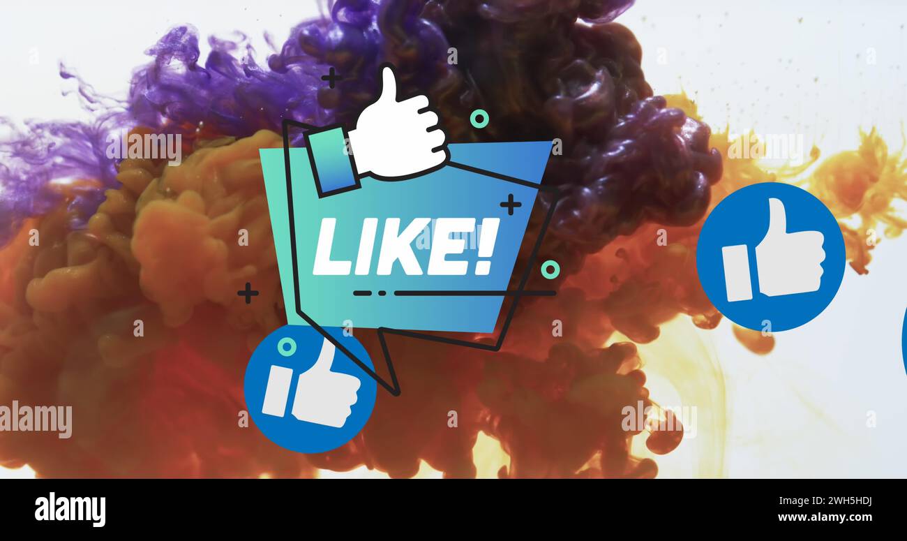 Image of like text with icons over colourful liquid on white background ...