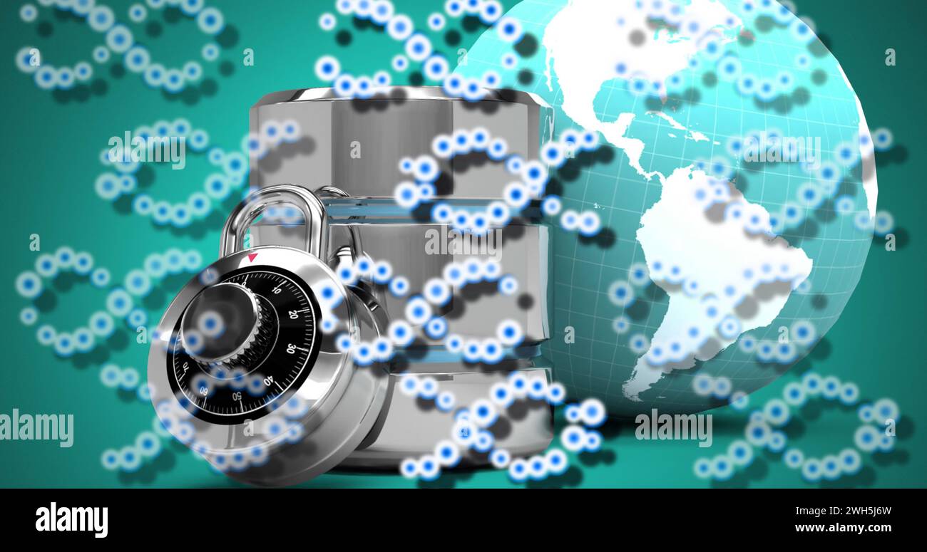 A combination lock secures a globe, symbolizing global data protection ...