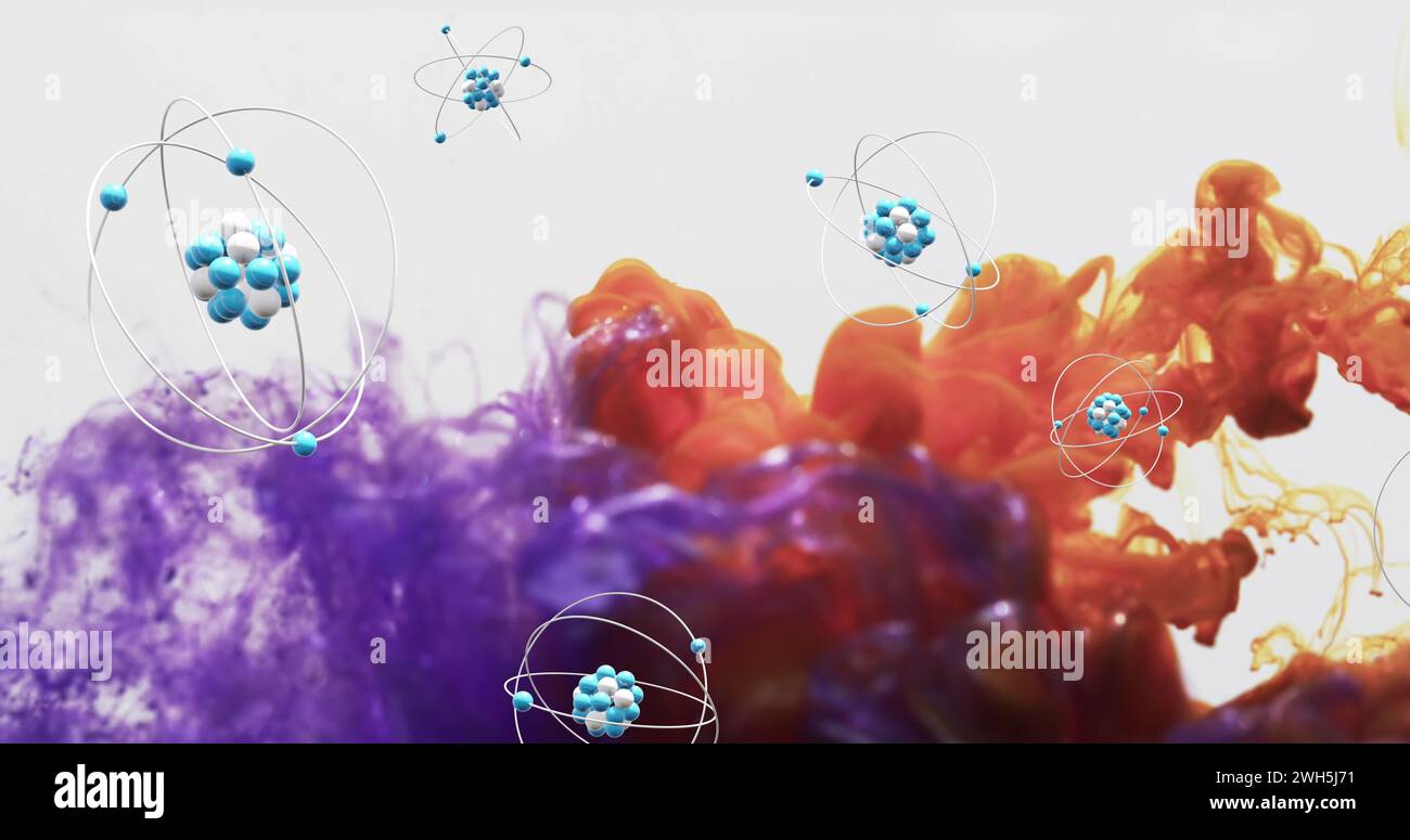 Image of molecules over colourful liquid on white background Stock ...