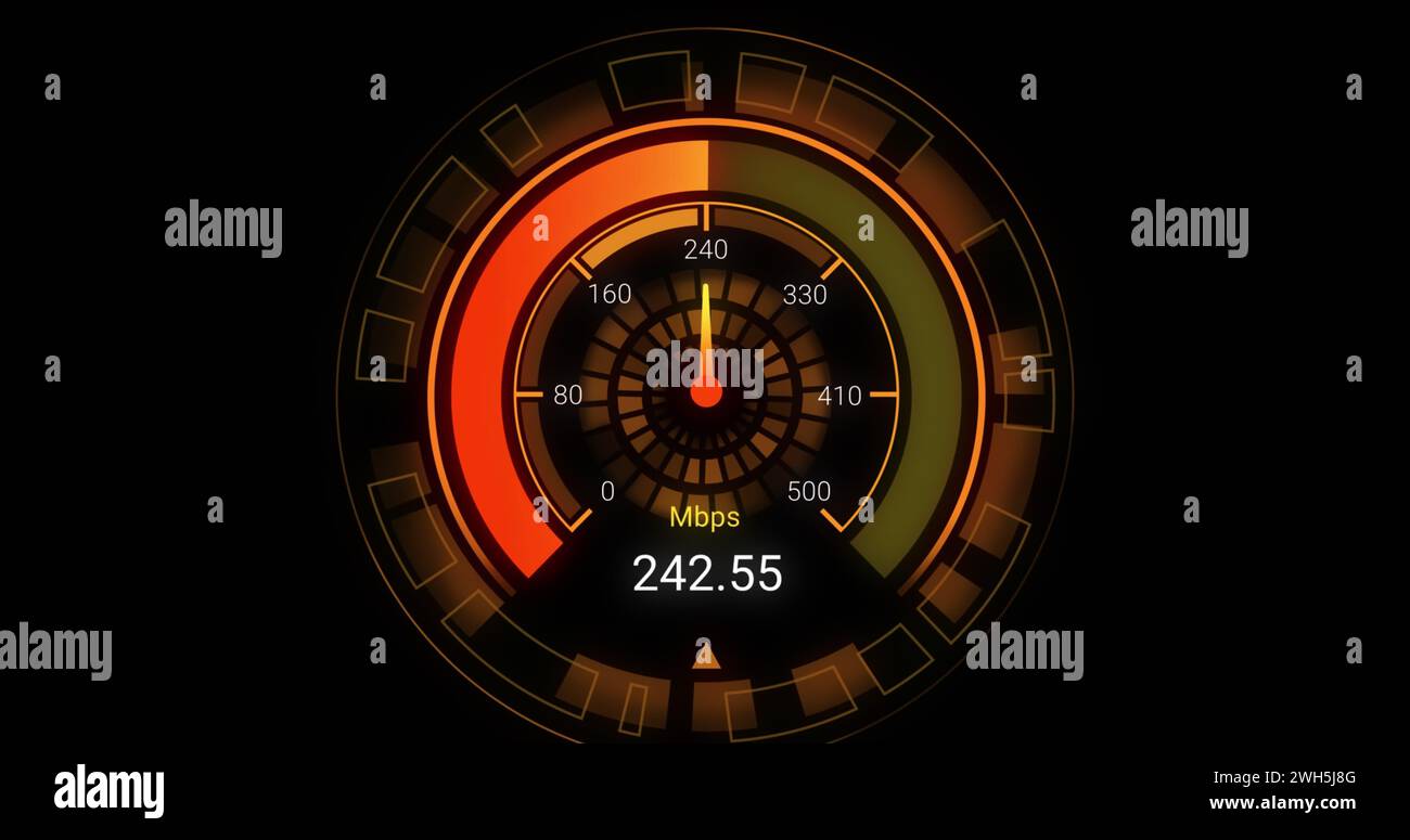 Image of orange speedometer over black background Stock Photo - Alamy